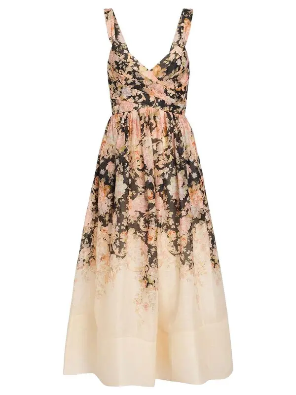 Zimmermann Floral Print Linen And Silk-blend Midi Dress - Neutral