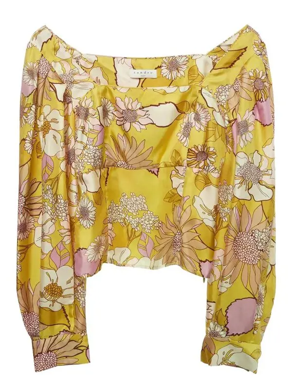 Sandro Floral Print Square Neck Blouse - Yellow