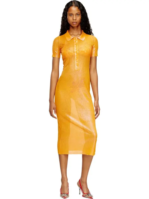 DIESEL® X Karol G Iridescent Knit Polo Maxi Dress With Lotus Print - Orange