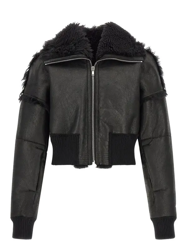 Rick Owens Cropped Leather Bomber Jacket With Shearling - Black