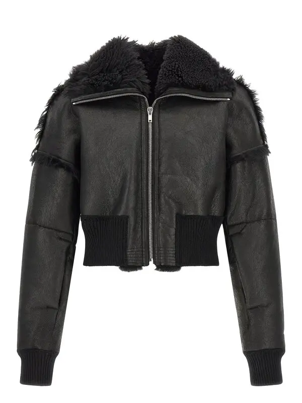 Rick Owens Cropped Leather Bomber Jacket With Shearling - Black