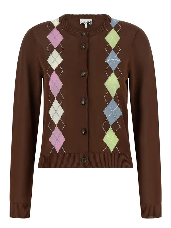 GANNI Argyle Intarsia Organic Cotton Cardigan - Brown