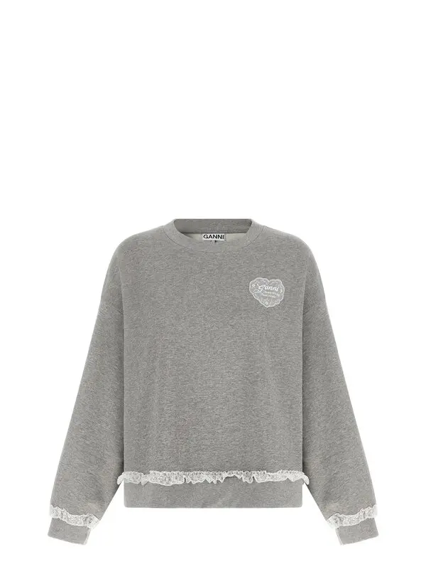 GANNI Isoli' Crewneck Sweatshirt With Lace Accents - Gray