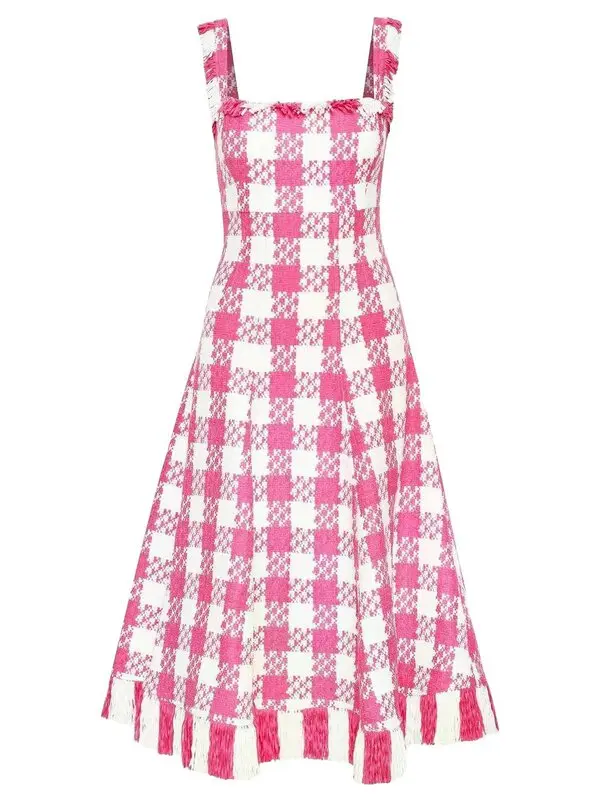 Oscar De La Renta Houndstooth Square-neck Midi Dress - Pink