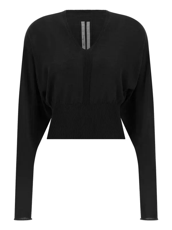 Rick Owens Cropped V-neck Knit Top With Bat Sleeves - Black