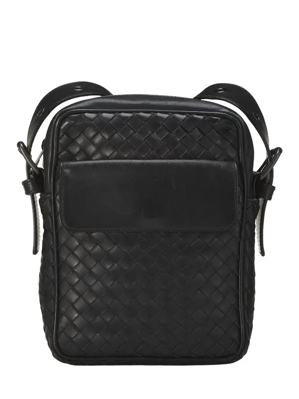 Bottega Veneta Intrecciato Flap Pocket Messenger Bag - Black