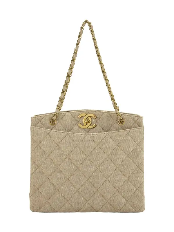 Chanel Quilted Linen Turnlock Tote - Beige