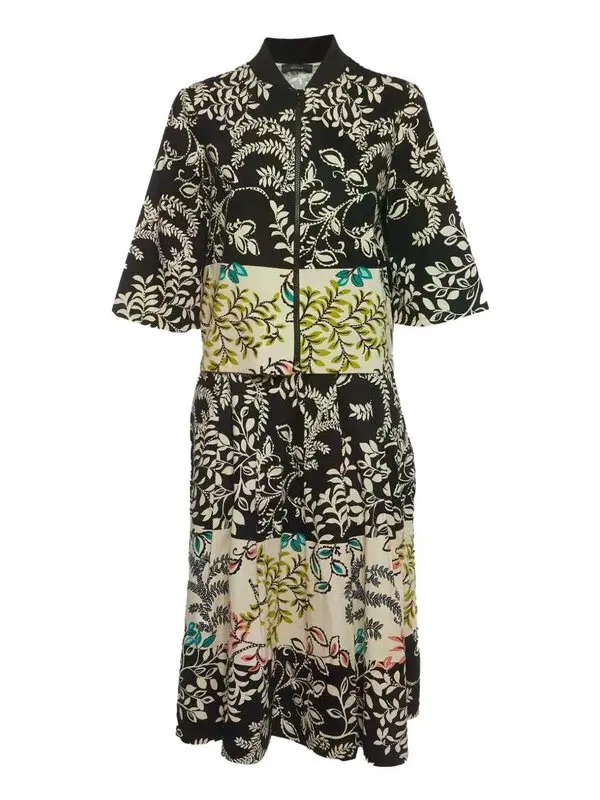 424 Leaf-print Bomber Jacket And Pleated Skirt Set - Black