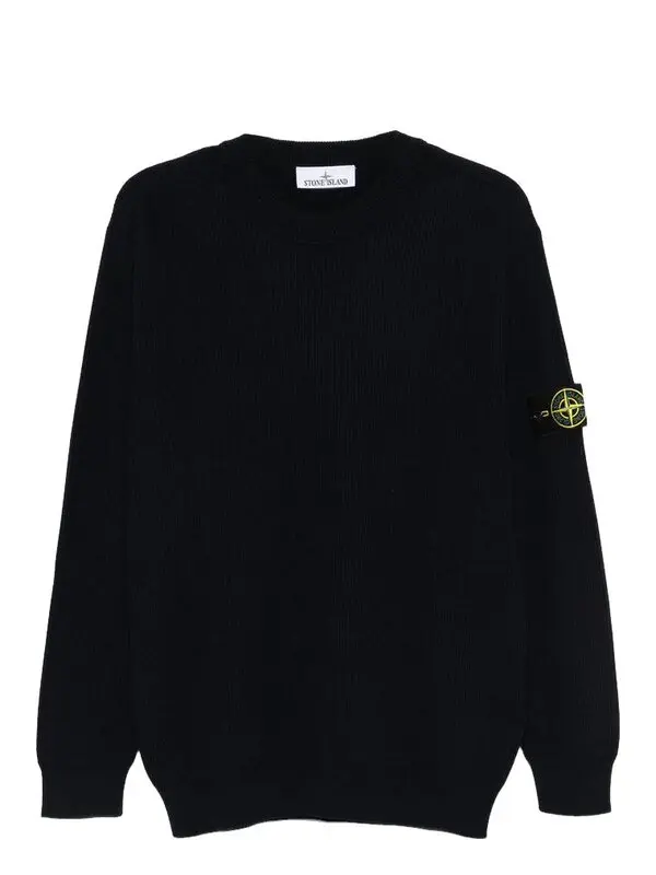 Stone Island Ribbed Knit Crewneck Sweater With Sleeve Patch - Blue