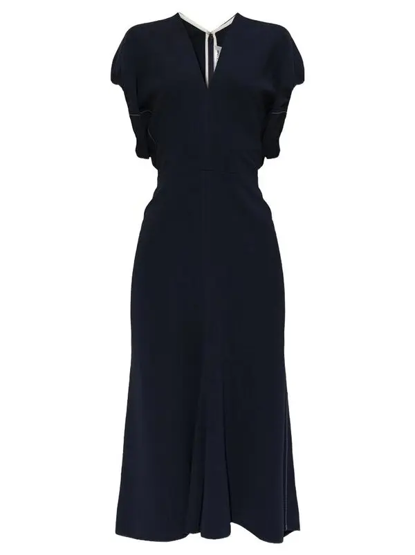 Victoria Beckham Navy V-neck Midi Dress With Short Sleeves - Blue