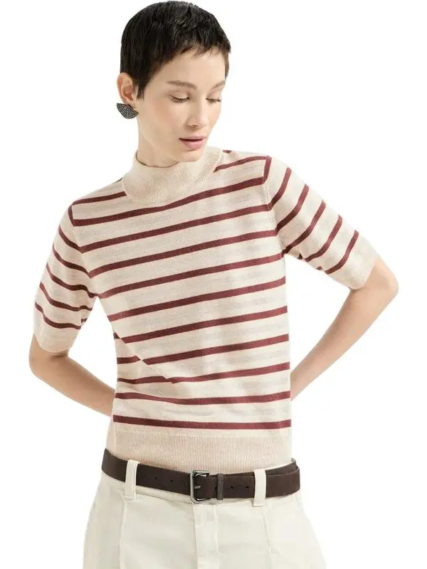 Brunello Cucinelli Striped Virgin Wool, Cashmere, And Silk Knit T-shirt - Multicoloured