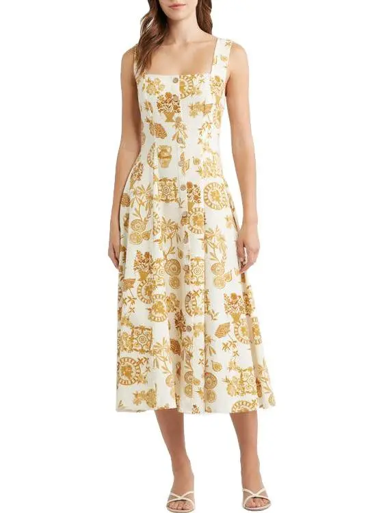 FLYING TOMATO Printed Square Neck Midi Dress - Ivory