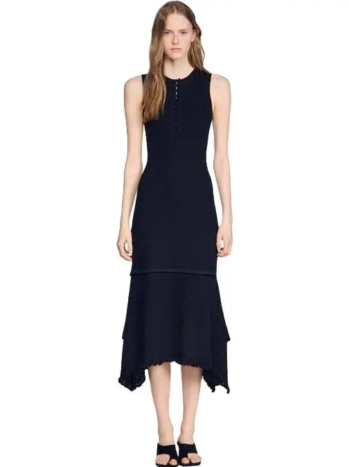 Sandro Fancy Pointelle Maxi Dress With Asymmetrical Ruffled Skirt - Black