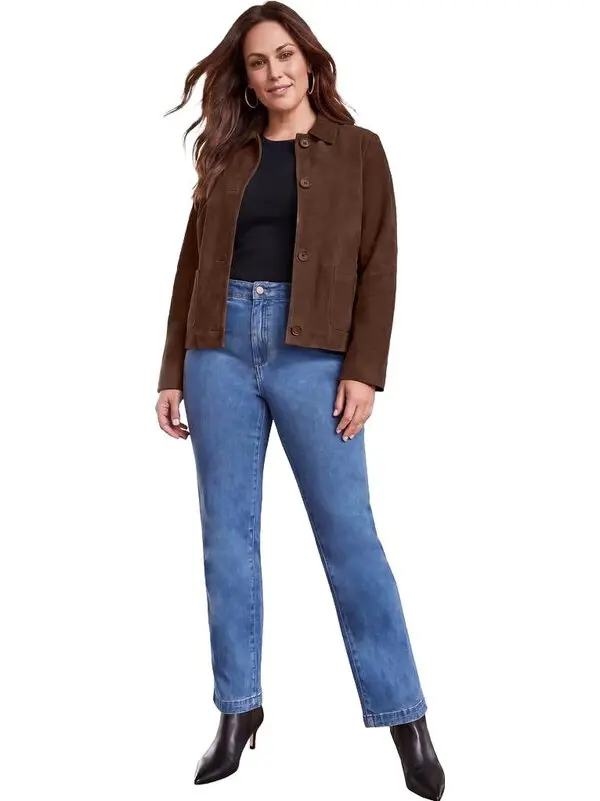 JESSICA LONDON Downtown Suede Jacket With Mandarin Collar - Rich Brown