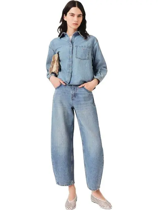 Maje Cropped Denim Shirt With Logo Detail - Blue