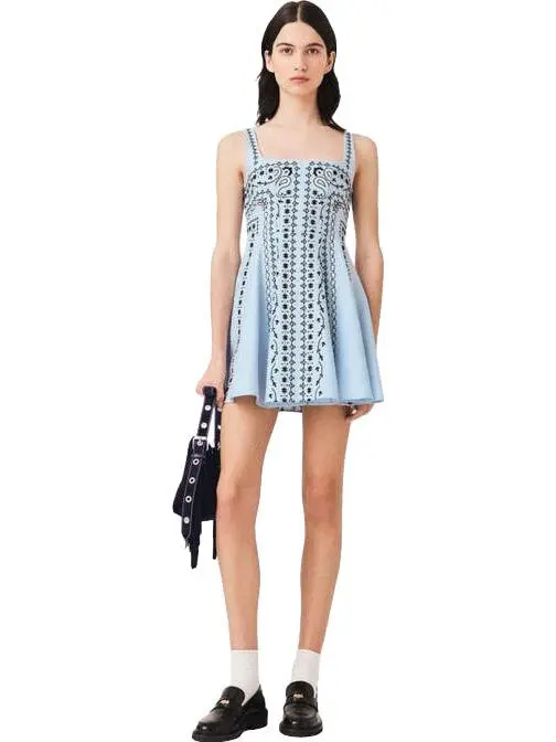 Maje Short Embroidered Linen-blend Skater Dress - Blue