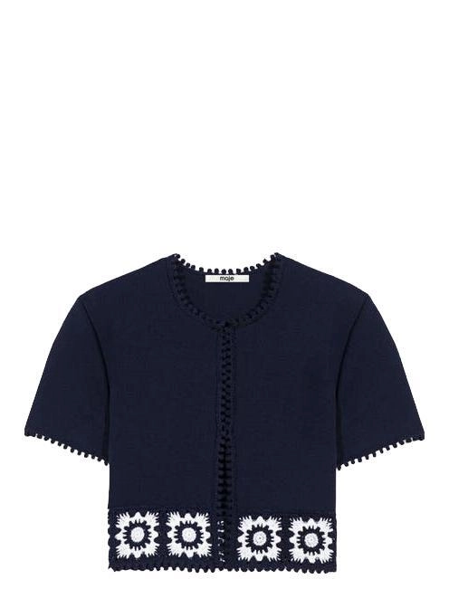Maje Cropped Cardigan With Floral Crochet Panels - Navy
