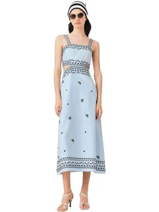 Maje Embroidered Linen Blend Maxi Dress - Blue Sky