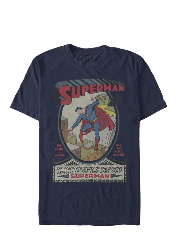 SUPERMAN Vintage Daring Exploits Cover Short Sleeve Graphic T-shirt - Navy Blue