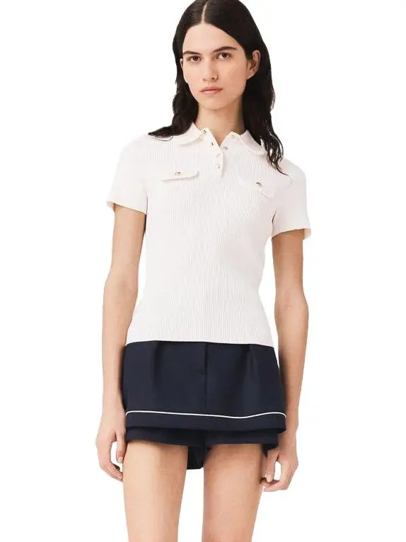 Maje Short-sleeved Ribbed Polo With Textured Gold Buttons - Ecru