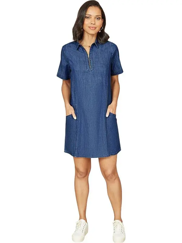 YUMI Cotton Chambray Zip Neckline Dress - Blue