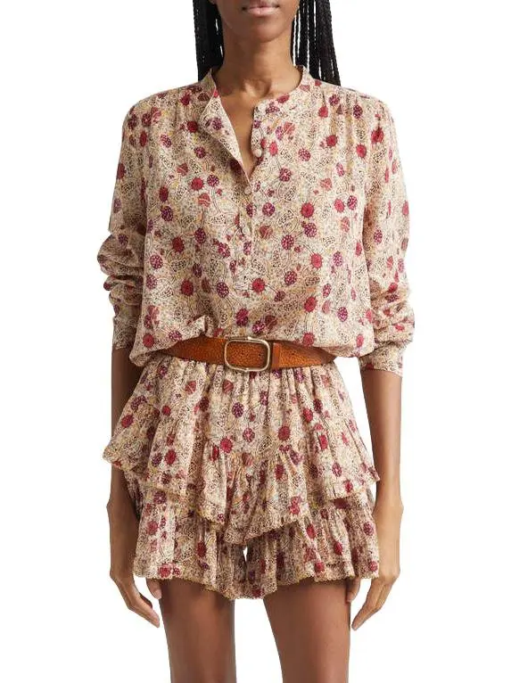 Isabel Marant Étoile Maria Printed Cotton Band Collar Shirt - Ecru/raspberry