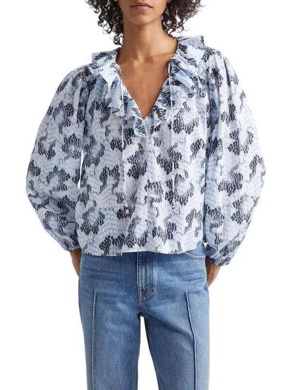Ulla Johnson Siena Abstract Print Ruffle Collar Top - Ciel