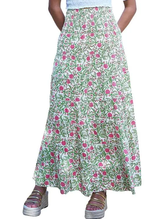 YUMI Boho Print Cotton Maxi Skirt - White