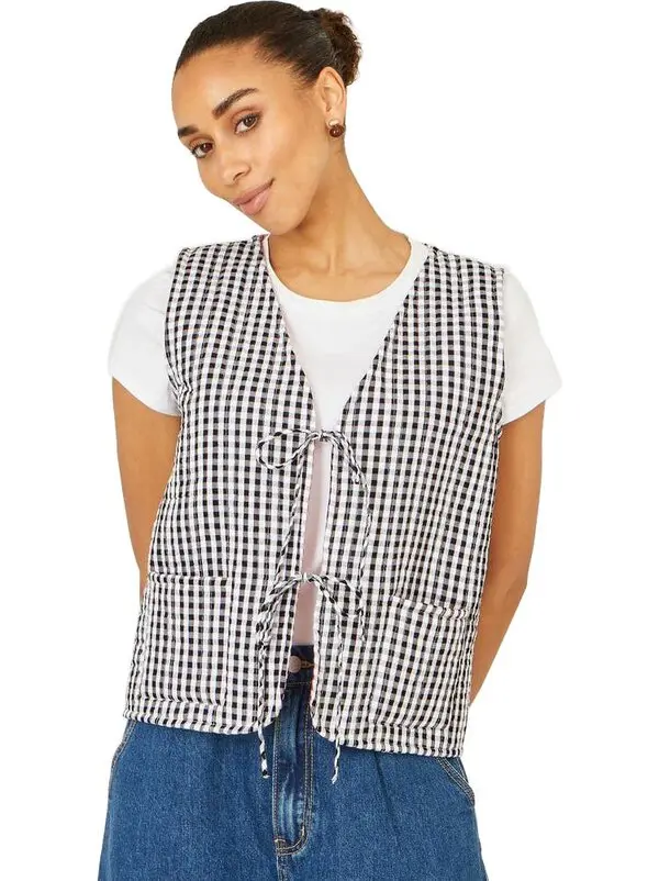 YUMI Checked Cotton Tie Waistcoat - Black