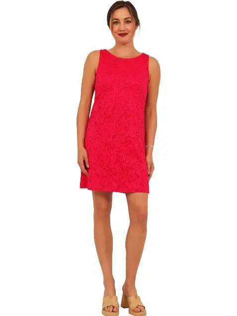 24SEVEN COMFORT APPAREL Sleeveless Boat Neck Mini Lace Shift Dress - Fuchsia
