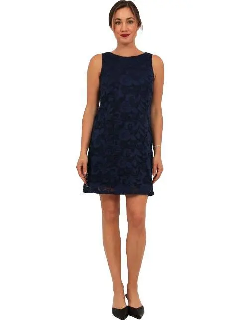 24SEVEN COMFORT APPAREL Sleeveless Boat Neck Mini Lace Shift Dress - Navy