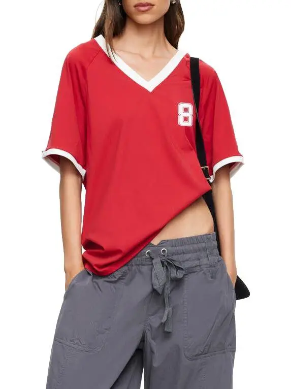 Lioness Spectator V-neck Top With Logo Detail - Crimson