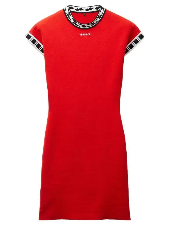 Versace Short-sleeved Fitted Mini Dress With Geometric Jacquard Trim - Red