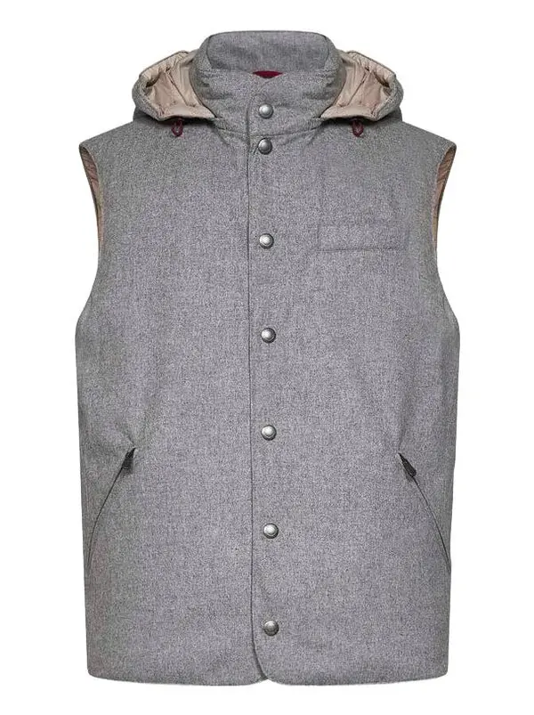 Brunello Cucinelli Wool Padded Sleeveless Vest With Detachable Hood - Gray