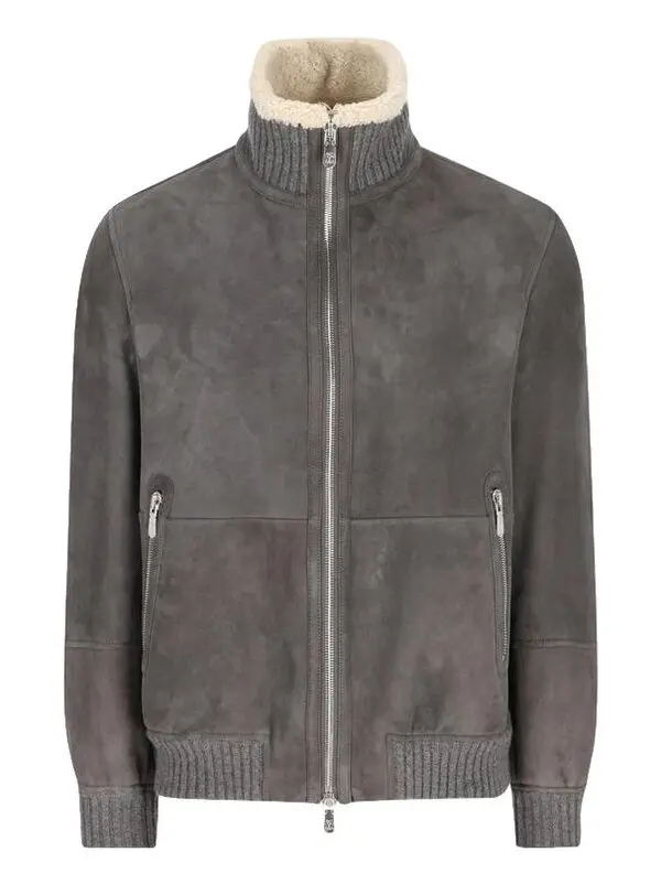 Brunello Cucinelli Shearling Trim Bomber Jacket - Gray
