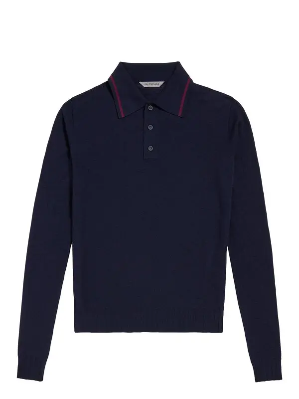 Balenciaga Wool Long-sleeve Polo Shirt - Navy