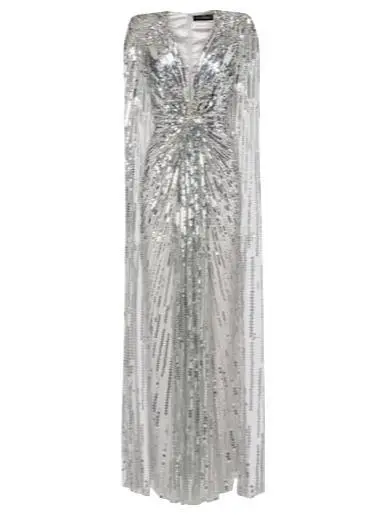 Jenny Packham Sequined Maxi Dress With Fringed Cape - Gray