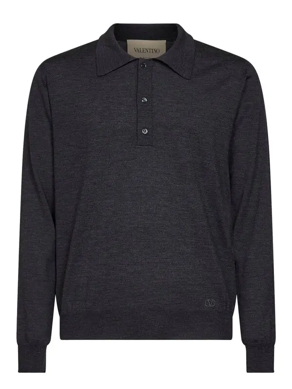 Valentino Garavani Dark Grey Wool Polo Shirt With Vlogo Embroidery - Multicolor
