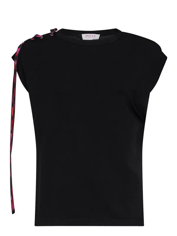 Emilio Pucci Black Stretch Jersey Tank Top With Printed Tape Detail - Multicolor