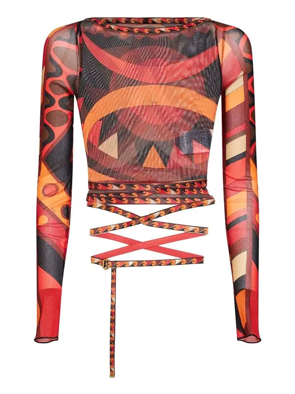 Emilio Pucci Orange And Black Vivara-print Tulle Cropped Top - Multicolor
