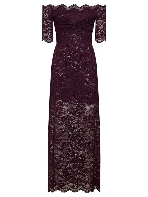 Rabanne Magenta Purple Stretch Floral Lace Layered Long Dress - Multicolor