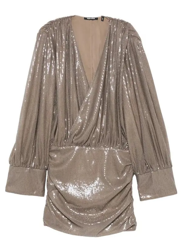 ROTATE BY BIRGER CHRISTENSEN Sequin Embellishment V-neck Long Puff Sleeve Dress - Brown