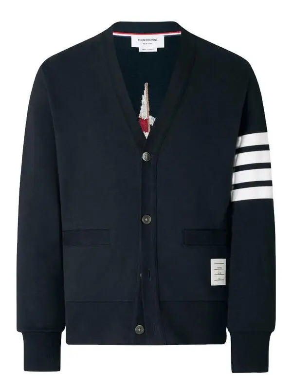Thom Browne Navy Cotton Cardigan With Boat Embroidery And Signature 4-bar Stripe - Blue