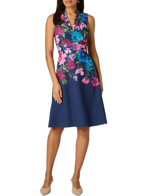 Adrianna Papell Floral V-neck Stretch Twill Dress - Navy Multi