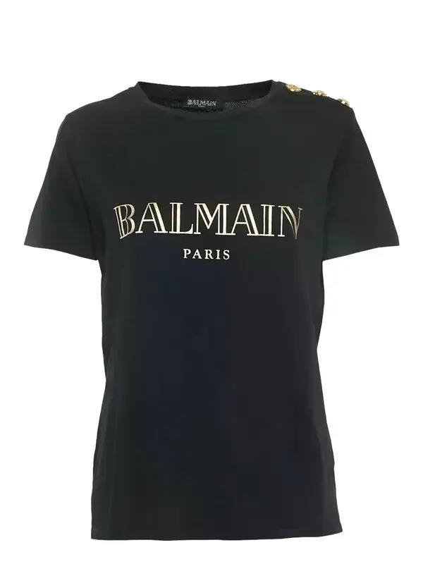 Balmain Logo Print Button Detail T-shirt - Black