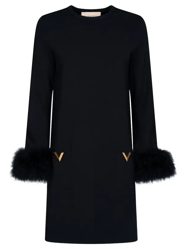 Valentino Garavani V Logo And Feather-detail Knitted Dress - Black