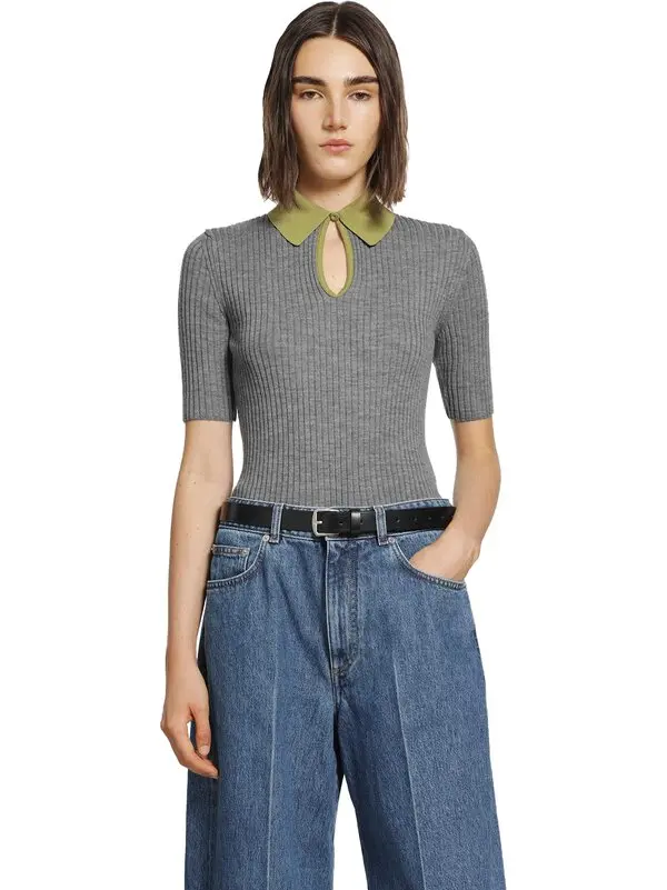 JIL SANDER Ribbed Wool Polo With Contrast Collar - Grey
