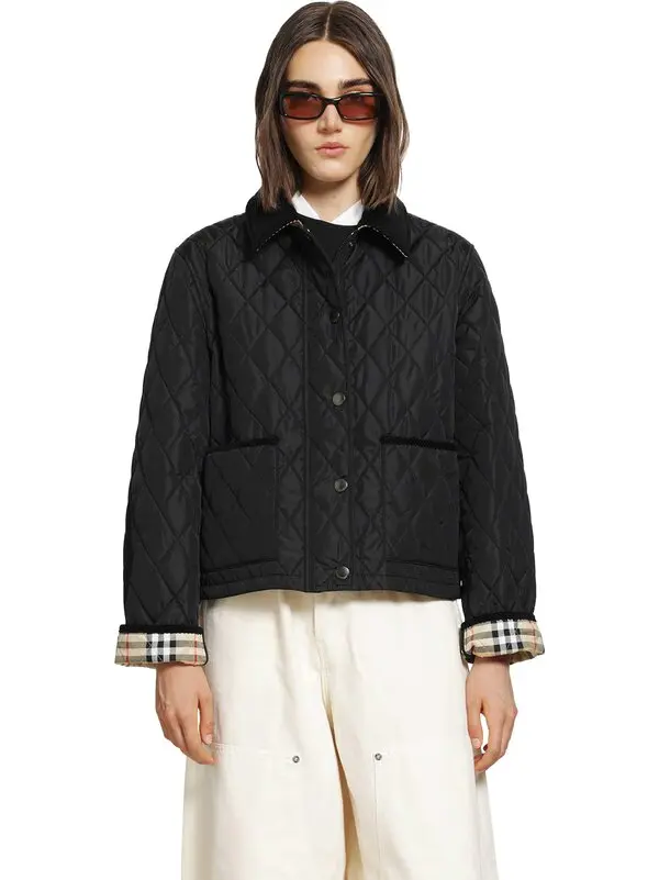 Burberry Cropped Quilted Jacket With Corduroy Trim - Black