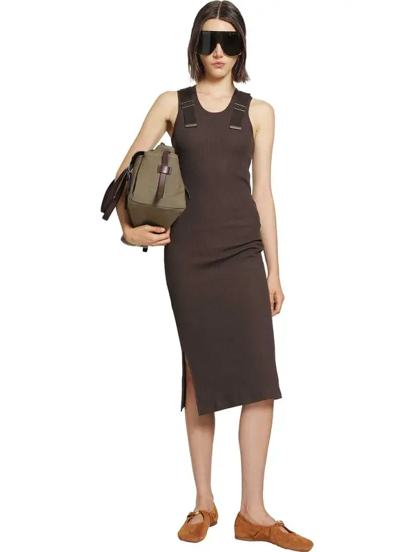 Loewe Ribbed Stretch Cotton Racerback Dress With Webbing Straps - Brown