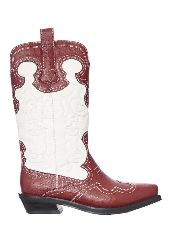 GANNI Two-tone Leather Texan Boots With Decorative Embroidery - Red